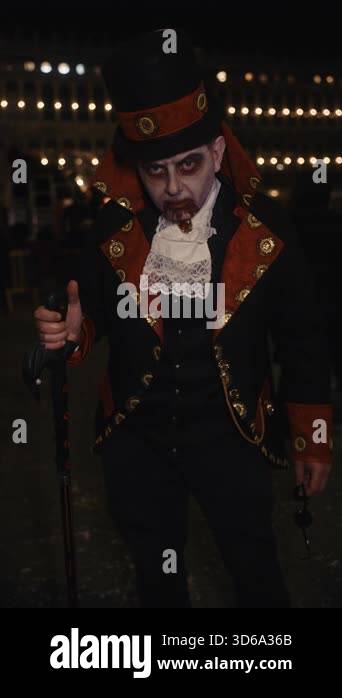 VENICE, ITALY - MARCH 05 2024: Portrait of grim man in ancient vampire ...