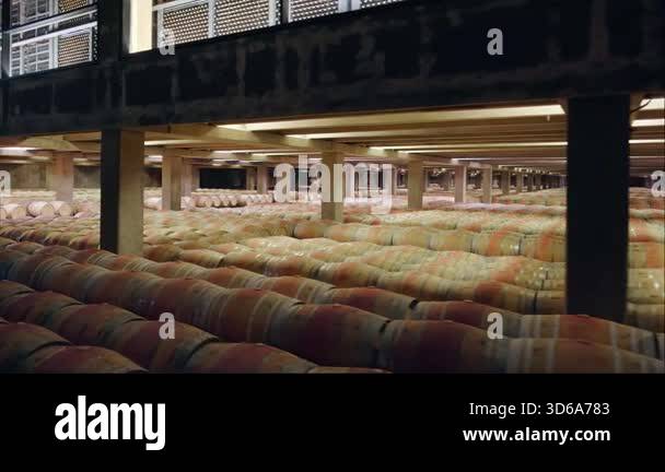 Huge cellar with many oak barrels holding red wine in Rioja winecellars ...