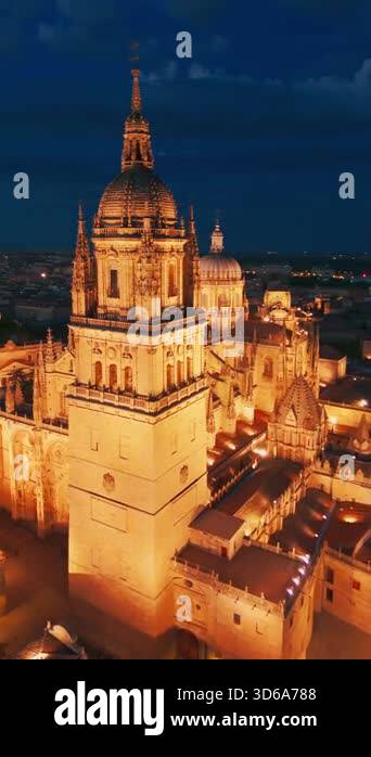 Aerial view of the historic cityscape of Salamanca at night, Castilla y ...