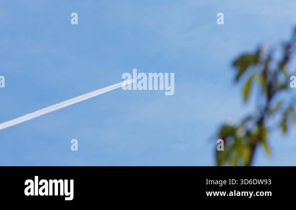 Slow motion view capturing an aircraft contrail aligned with tree ...
