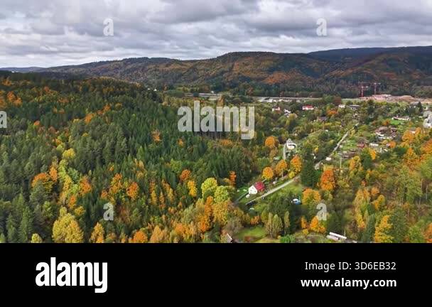 village among hills, autumn hillside settlement view, hillside hamlet ...