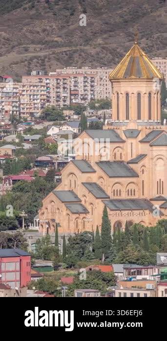 Tsminda Sameba Cathedral or Holy Trinity Cathedral of Tbilisi aerial ...