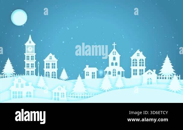 A charming paper cut out village scene at night under a full moon with ...