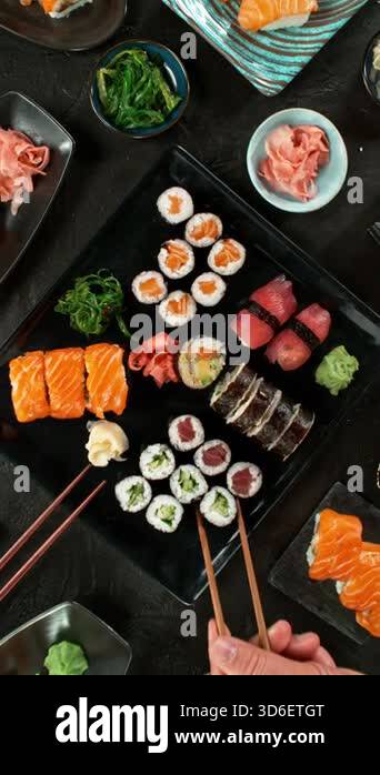 Top View of Various Kind of Sushi Pieces with Camera Motion. Fresh ...