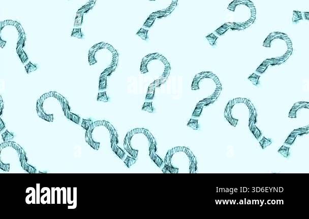 A pattern of blue sketched question marks on a white background. The ...