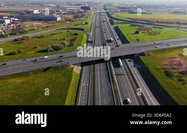 Aerial Highway Interchange Countryside Traffic Poland. High drone view ...