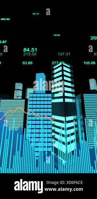 Stock market ticker, chart with data, futuristic skyline and skyscrapers in the background. Bar ...
