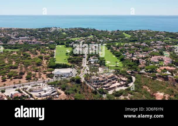 Vale de Lobo, Algarve, aerial view oceanfront fairway leading clubhouse ...