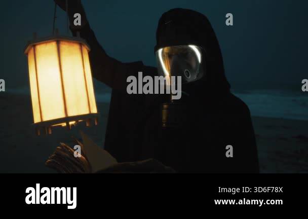 Man In Gas Mask Reads Secret Document At Night After Radioactive Bomb ...