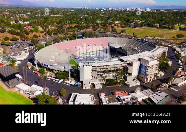 Daytime aerial drone footage of the Rose Bowl Stadium in Pasadena ...