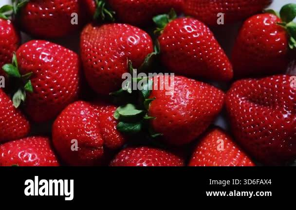 Close-up macro footage of fresh ripe strawberries with vivid red color ...