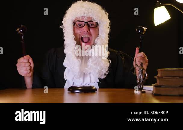 Comic scene of an angry judge in a white wig yelling and lifting two ...