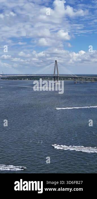 Aerial view of the cable-stayed bridge spanning the water in Charleston ...