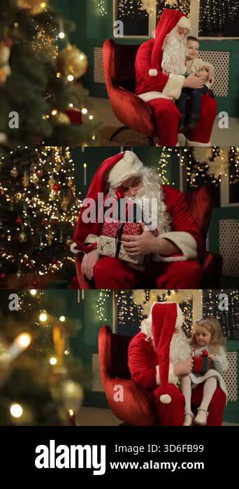 A collage video of Santa Claus sitting with a boy, holding a large ...