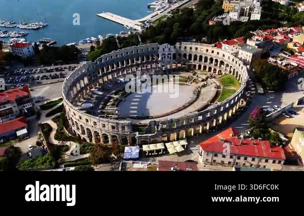 Cinematic Aerial View of Pula, Croatia Ancient Roman Amphitheatre ...
