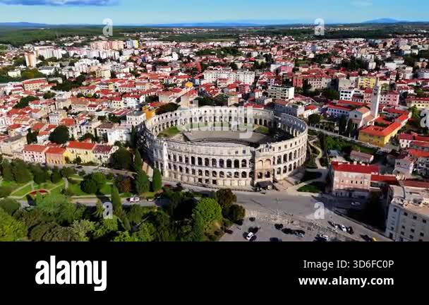Cinematic Aerial View of Pula, Croatia Ancient Roman Amphitheatre ...