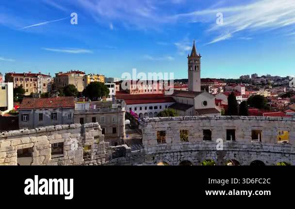 Cinematic Aerial View of Pula, Croatia Ancient Roman Amphitheatre ...