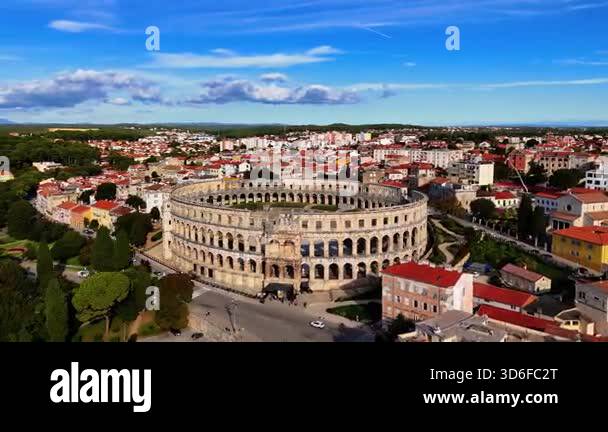 Cinematic Aerial View of Pula, Croatia Ancient Roman Amphitheatre ...