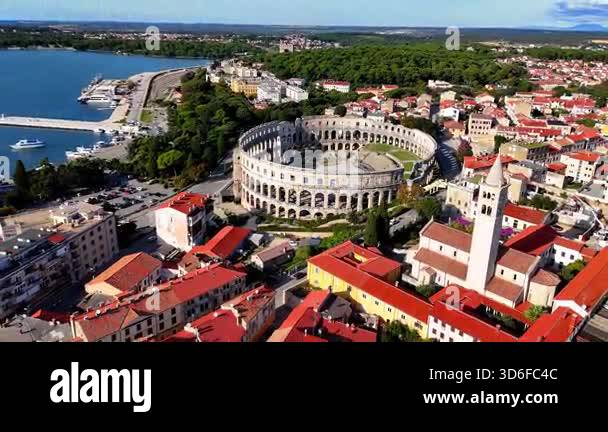 Cinematic Aerial View of Pula, Croatia Ancient Roman Amphitheatre ...