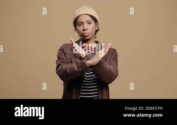 No, never, pretty woman disliking and rejecting gesture by stop ...