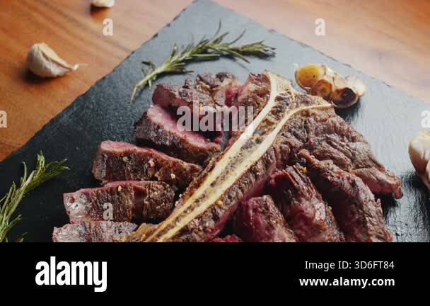 Sliced medium-rare T-bone steak with herbs and garlic on the serving ...