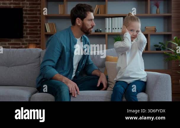 Caucasian family quarrel agressive father talk shouting to frustrated ...