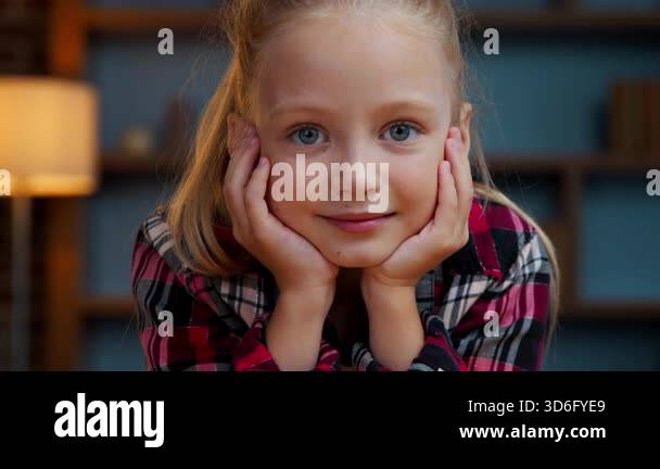 Portrait little Caucasian kid girl child daughter cute smiling looking ...