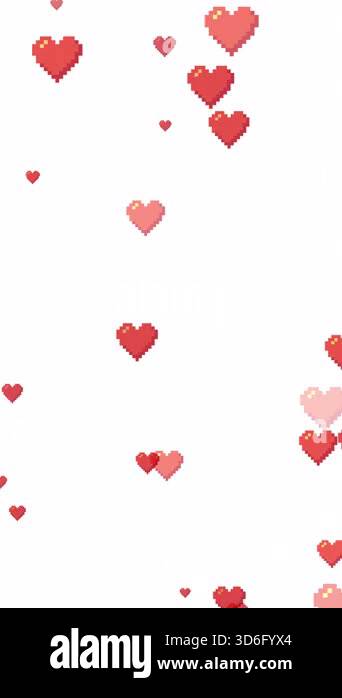 Pixel flying hearts on white background. vertical backdrop for ...