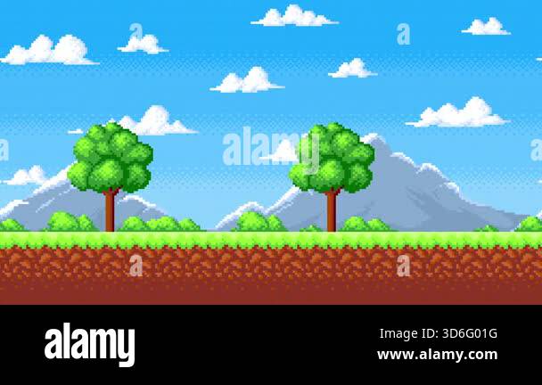 Pixel moving game landscape with ground, grass, trees, mountains, sky ...