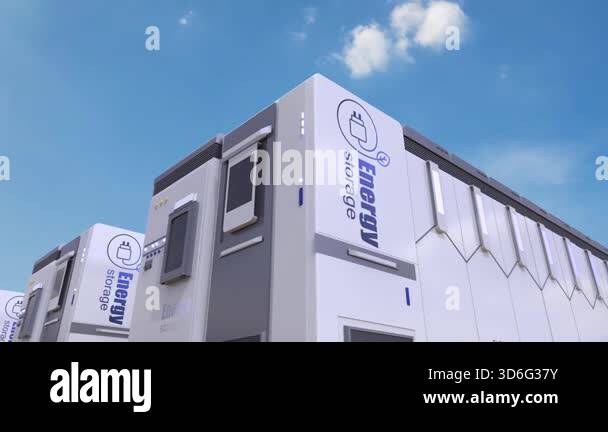 White energy storage system or battery container unit with blue sky ...