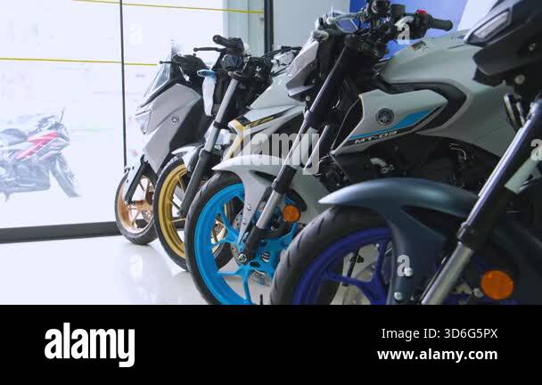 Yamaha mt-03 motorcycles displaying in dealership showroom Stock Video ...