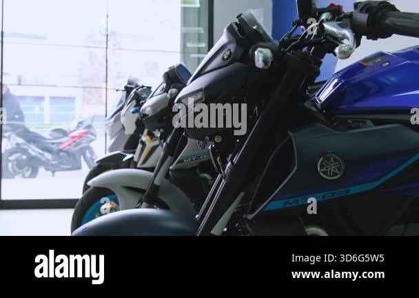 New yamaha mt-03 motorcycles displaying in dealership showroom Stock ...