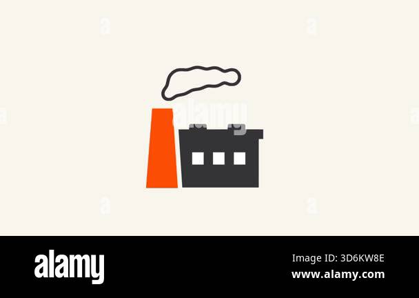 A large grey factory building with an orange smokestack emits white smoke on a beige backdrop ...
