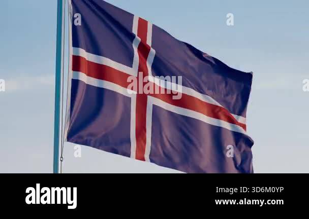 Iceland Reykjavik Flag Cinematic Realistic Waving Dolly Out Blue Sky ...