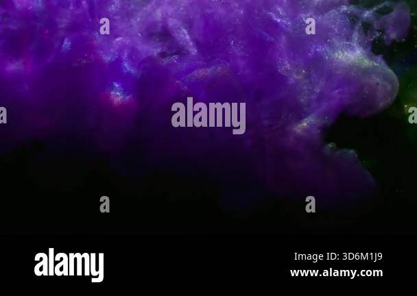 Ink swirl. Glitter flow. Purple violet color explosion shimmering fluid ...