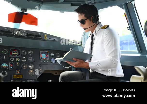 Pilot reading book inside airplane cockpit wearing sunglasses Stock ...