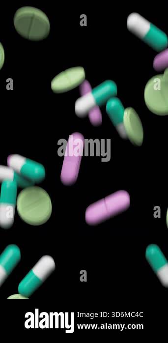 Green and violet tablets fall and fill the screen . Drugs, pills ...