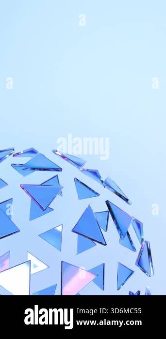 Blue minimalist translucent sphere of glass blocks rotate on light blue ...