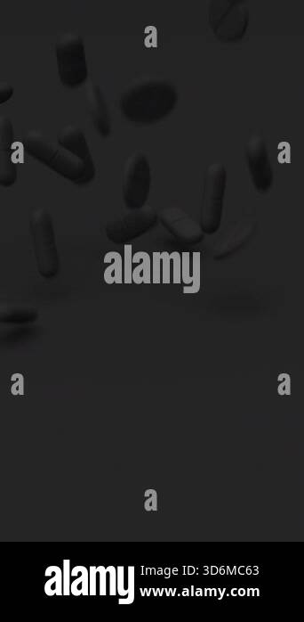 Black tablets falling on black background in slow motion. Drugs, pills ...