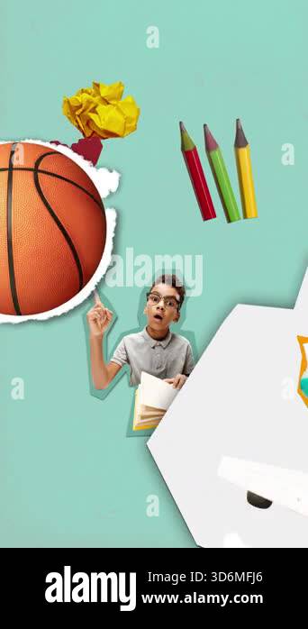 Playful stop motion. Collage of boy reading with surprised emotion ...