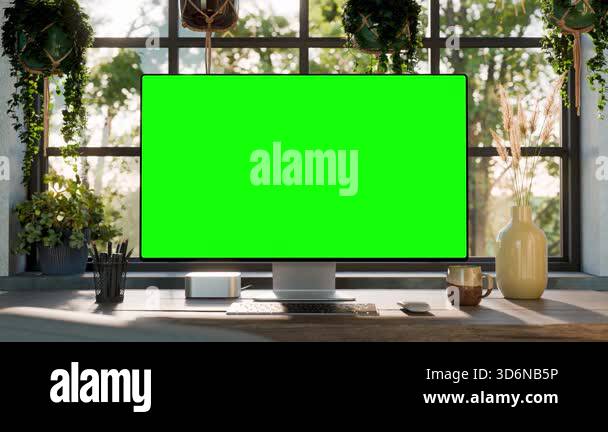 Computer monitor green screen mockup front view on desk with moving ...