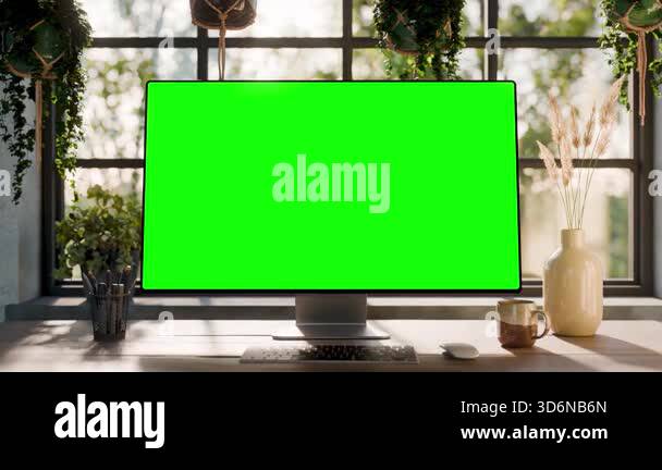Computer monitor with blank screen mockup on wooden desk near window modern workspace with ...
