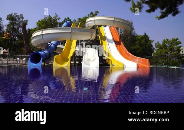 Aquapark amusement rides and swimming pool next to the sea in Turkey ...