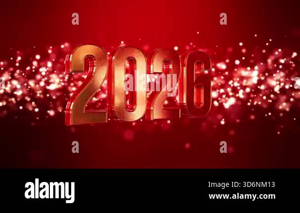 Video animation of golden light shine particles bokeh over red background and the numbers 2026 ...