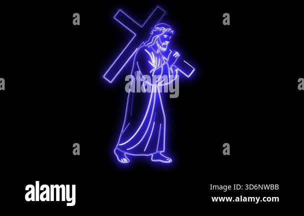 Christ holding crucifix with glowing blue neon lights path effect on ...