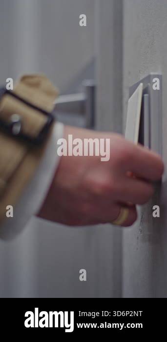 Close Up Hotel Room Door Being Unlocked With Key Card. Female Hands ...