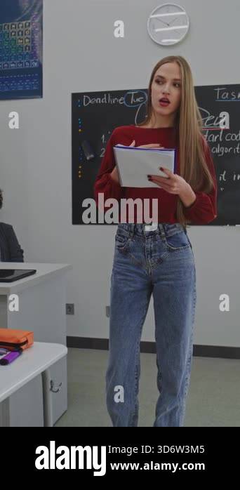 Attractive Teenage Girl With Long Hair Giving Presentation In Modern ...