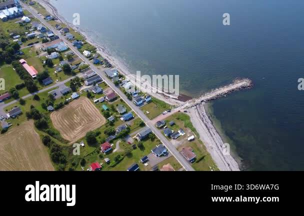 Panoramic aerial view of a coastal village along a sandy beach. Houses ...