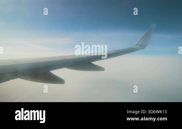 Jet flying through hazy sky in misty weather. Passenger airplane ...