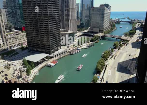 This aerial shot beautifully captures the Chicago River running through ...